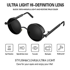 PROUDDEMON Retro Gothic Steampunk Sunglasses for Women Men Round Lens Metal Frame(Black Grey)