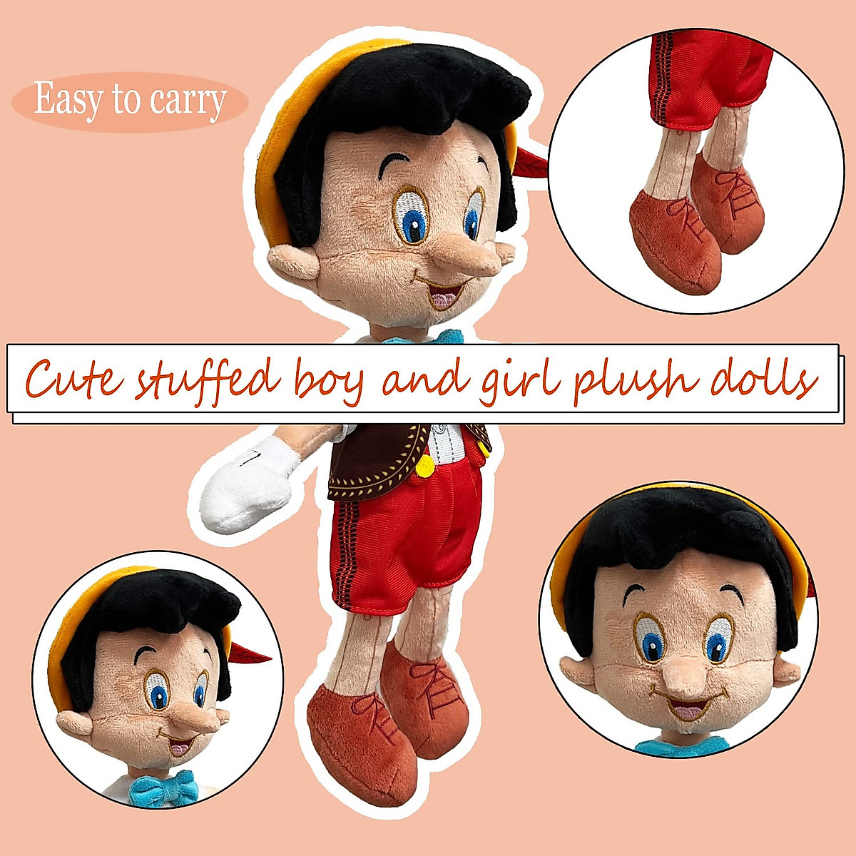 AZ-ONANZO Pinocchio Plush Toys, 12.9 Inch Cute Stuffed Boy and Girl Plush Dolls for Birthday Christmas