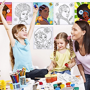 Meanpla 12 Pcs Back to School Pre Drawn Outline Canvas 4'' x 4'' Pre Drawn Stretched Canvas Painting Boards for Painting Art Party Favor for Student Kids First Day of School (African Queen Style)