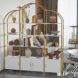 Semoic Triple Wide 5-Tier Gold Bookshelf, 70.87" L x 86.61" H Extra Bookcase with Storage Cabinet, Modern Etagere Bookcase Tall Open Display Shelf for Home Office, Gold&White