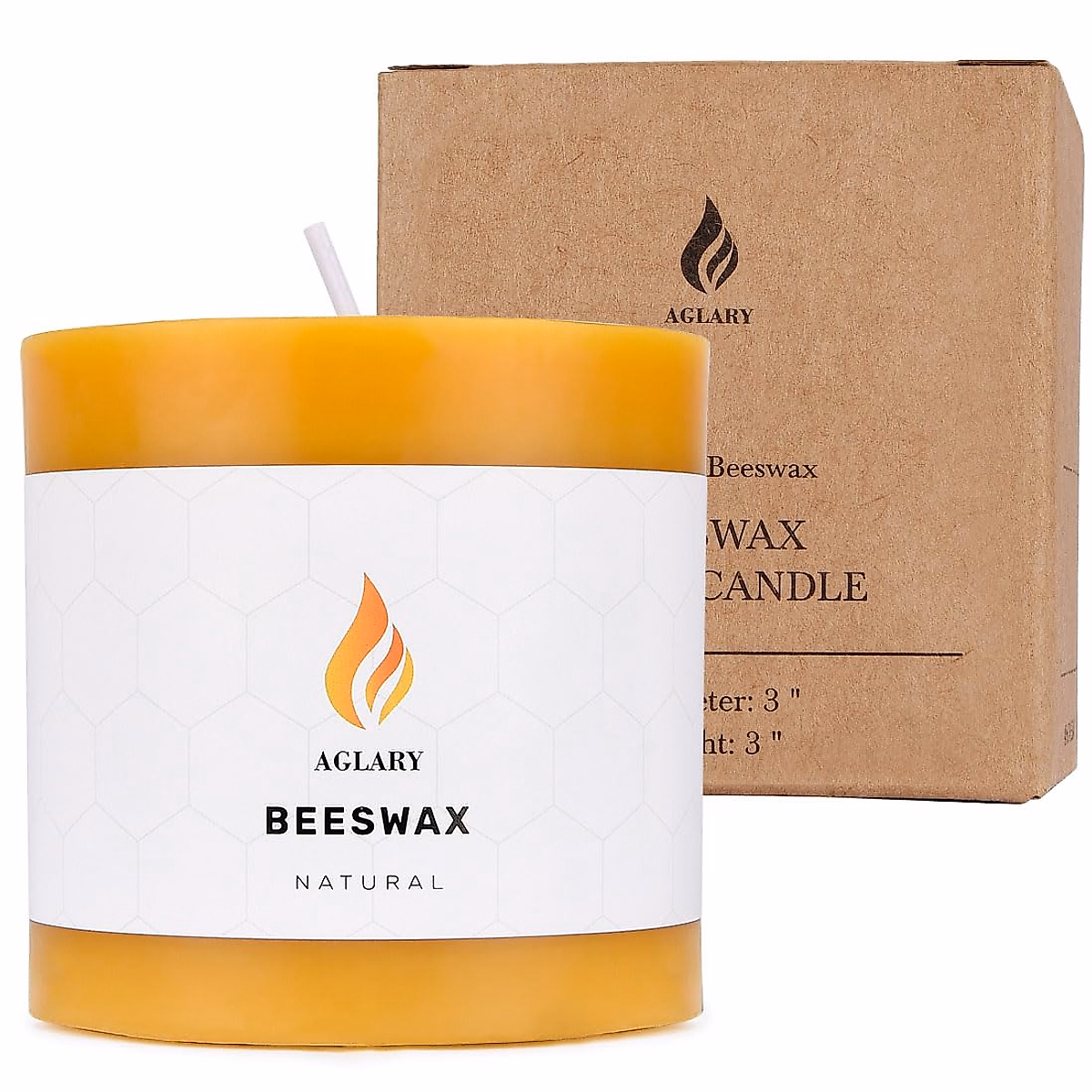 AGLARY 3"x 3" Beeswax Pillar Candle, Made of Pure Natural Beeswax, with Ultra Long Burning Time and Low Allergenicity-Raw，40H