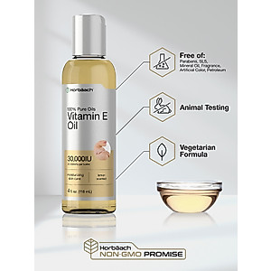 Horbäach Vitamin E Oil For Skin 30,000 IU | 4 fl oz | 100% Pure Oils | Moisturizing Skin Care | Non-GMO, Vegetarian | Lemon Scented