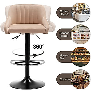 Fefances Bar Stools Counter Height Bar Stool Velvet Swivel Bar Stools Height Adjustable with Black Metal Base Khaki