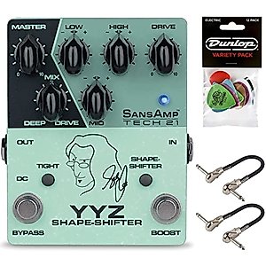 Tech 21 YYZ Geddy Lee Shape-Shifter Signature SansAmp Pedal Bundle with 2 MXR Patch Cables and Dunlop Pick Pack