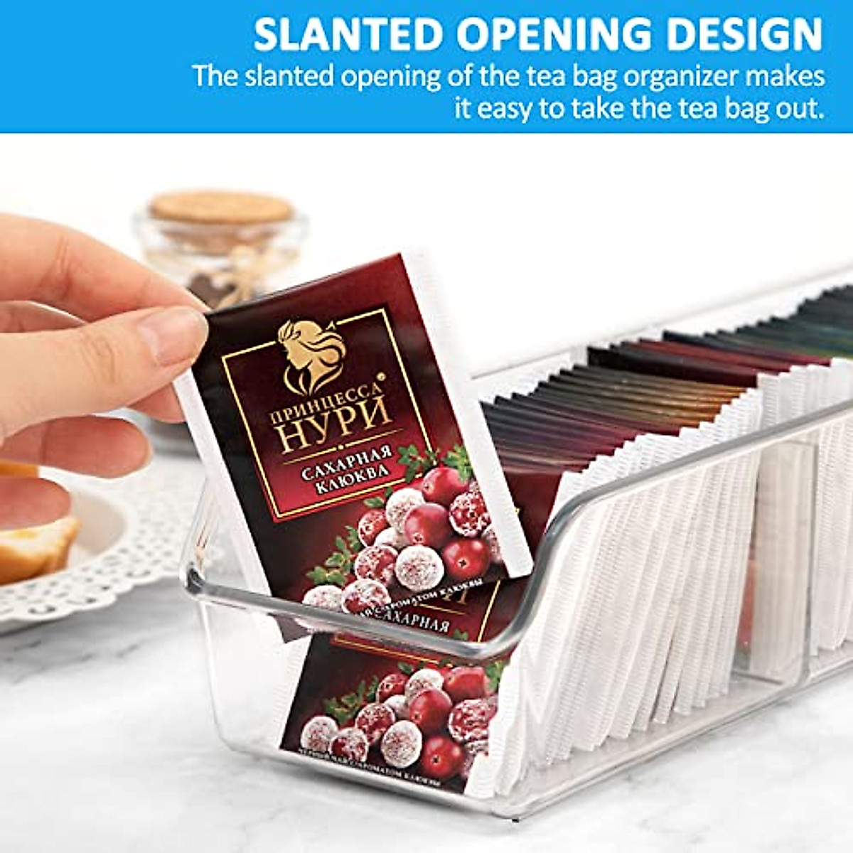 FUCDTEFC Tea Bag Organizer, Tea Bag Holder Box Storage Bin, Clear Tea Packet Plastic Drawer, Sugar Packet, Coffee, Condiment, Tea Spice Bag Holder for Kitchen Cabinet, Countertop, Fridge