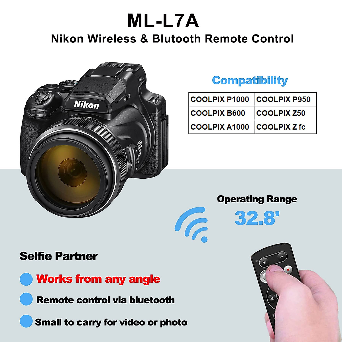 for Nikon Remote Shutter Release, Camera Remote for Nikon COOLPIX P950 P1000 Z50 B600 A1000 Z30 Z6 II Z7 II Zfc Z fc, Replaces Nikon ML-L7