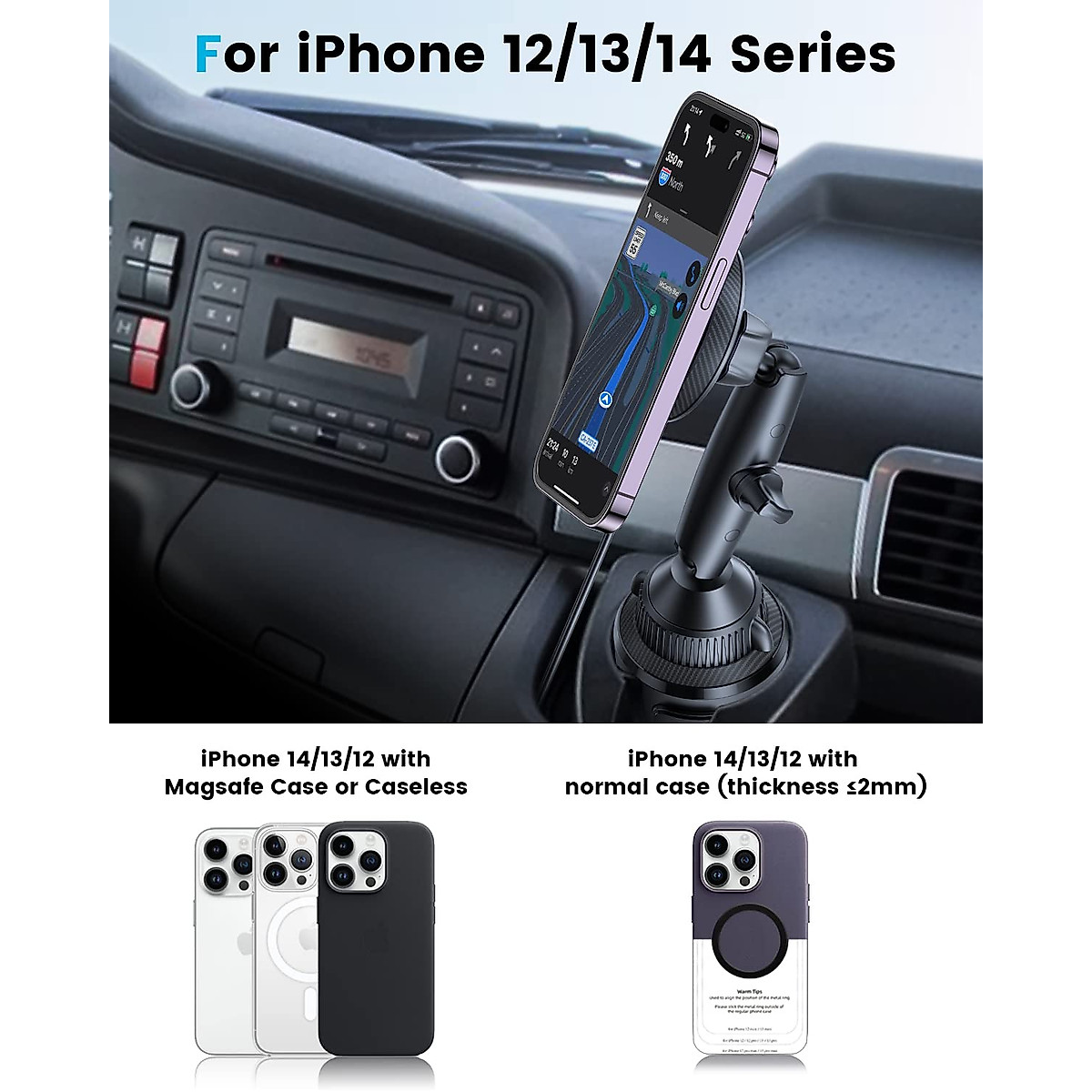 APPS2Car for Magsafe Car Mount Charger Tri-Pivot Magnetic Wireless Cup Holder Phone Mount for Car Truck with Cooling Fan Fast Charging for iPhone 15 14 13 12 Series Magsafe Case [with Car Adapter]