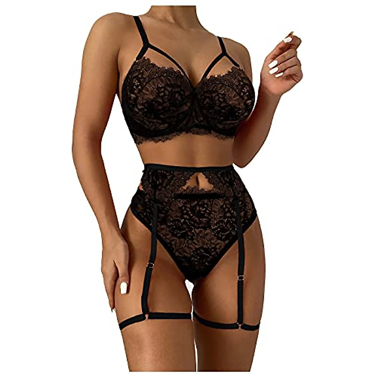 Qopobobo Sexy Lengerie for Women Naughty Lace Garter Lingerie Set with 3pcs Removable Choker Strappy Bra and Panty Set Black