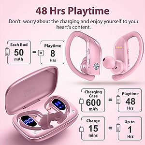 bmanl Wireless Earbuds Bluetooth Headphones 48hrs Play Back Sport Earphones with LED Display Over-Ear Buds with Earhooks Built-in Mic Headset for Workout Pink
