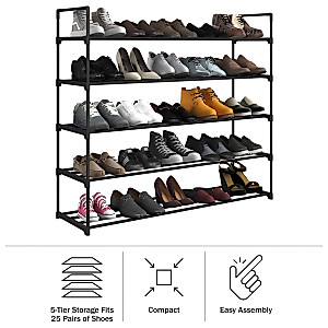 Shoe Rack - 5-Tier Shoe Organizer for Closet, Bathroom, Entryway - Shelf Holds 25 Pairs Sneakers, Heels, Boots by Home-Complete (Black)