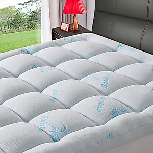 KELTARO Extra Thick Bamboo Mattress Topper King Size Bed,Cooling Mattress Pad Cover Plush Soft Noiseless Down Alternative Fill,with 8-21" Deep Pocket