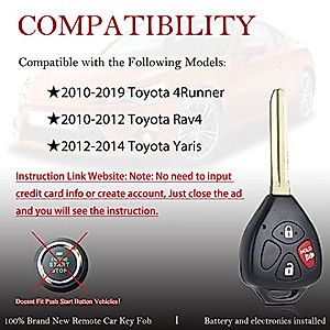 Key Fob Remote Replacement Fits for Toyota 4Runner 2010 2011 2012 2013 2014 2015 2016 2017 2018 2019/Rav4 2010-2012/Yaris 2012-2014 HYQ12BBY HYQ12BDC Keyless Entry Remote Control G Chip (Pack of 2)