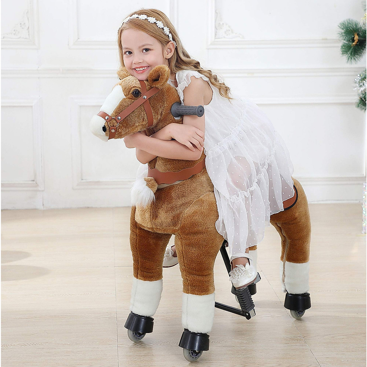 JoJoPooNy Ride on Horse Toy, Kids Ride on Toy for 6-14 Years Old, Premium Riding Horse Plush Animal Toy, Walking Horse Toy with Wheels (36 Inch Height)