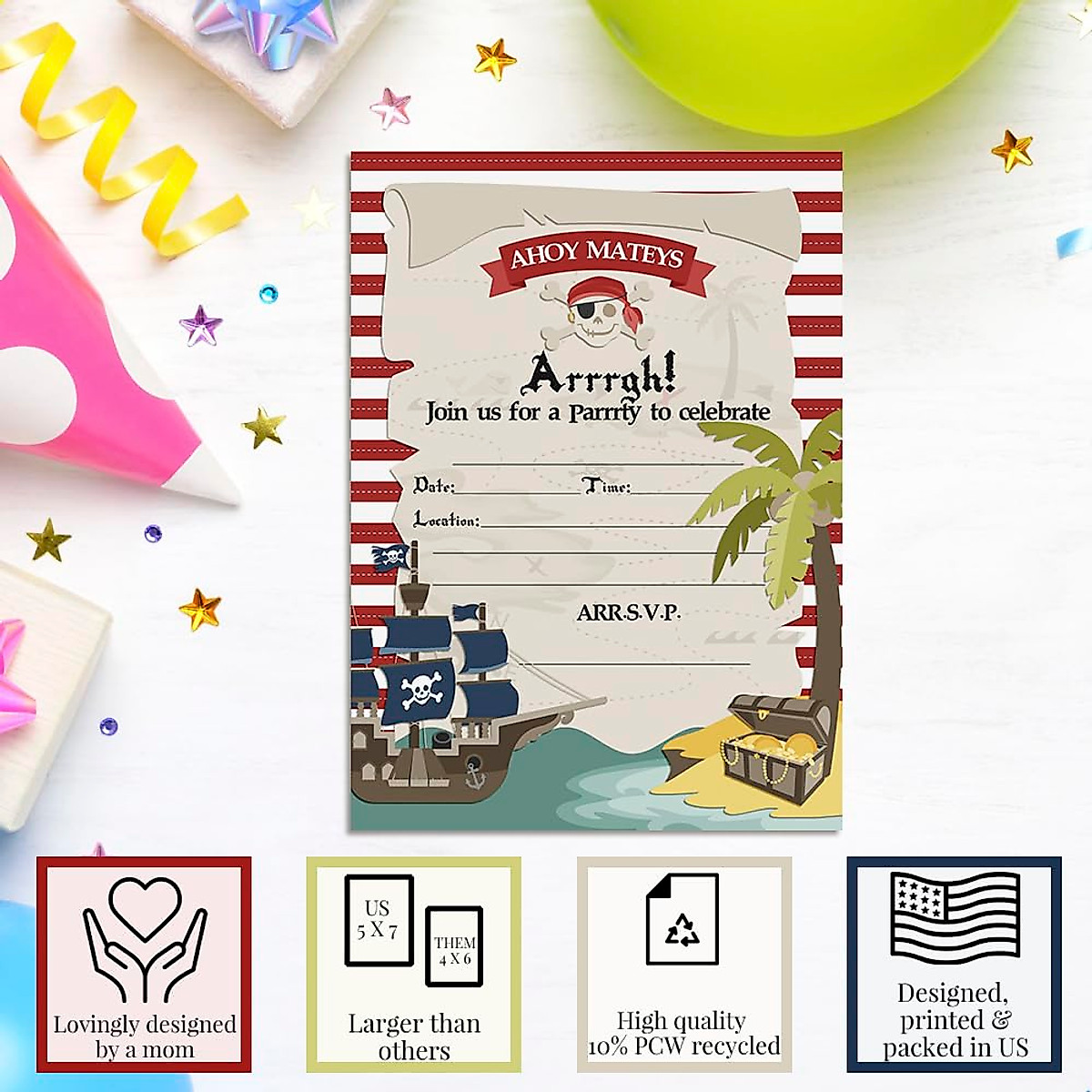 Amanda Creation Pirate Treasure Map Birthday Party Fill in Invitations set of 20 with envelopes