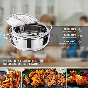 Kerilyn Deep Fryer Pot, 9.4 Inch/3.4 L Janpanese Style Tempura Frying Pot with Lid, 304 Stainless Steel with Temperature Control and Oil Drip Drainer Rack, for Kitchen French Fries, Chicken etc