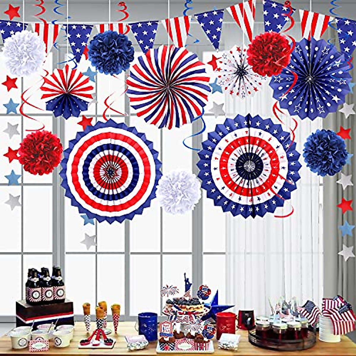 46pcs 4th of July Patriotic Decorations - Fourth of July Decor American Flag Party Supplies - USA Flag Pennant, Red White Blue Paper Fans, Cupcake Toppers, Star Streamer, Hanging Swirls Party Decor