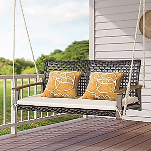 Happygrill 2-Seat Rattan Porch Swing Chair, Outdoor Wicker Swing Bench with Seat Cushion & Acacia Wood Armrests, Two 118” Hanging Ropes Included, Patio Hanging Swing Chair for Front Porch Backyard
