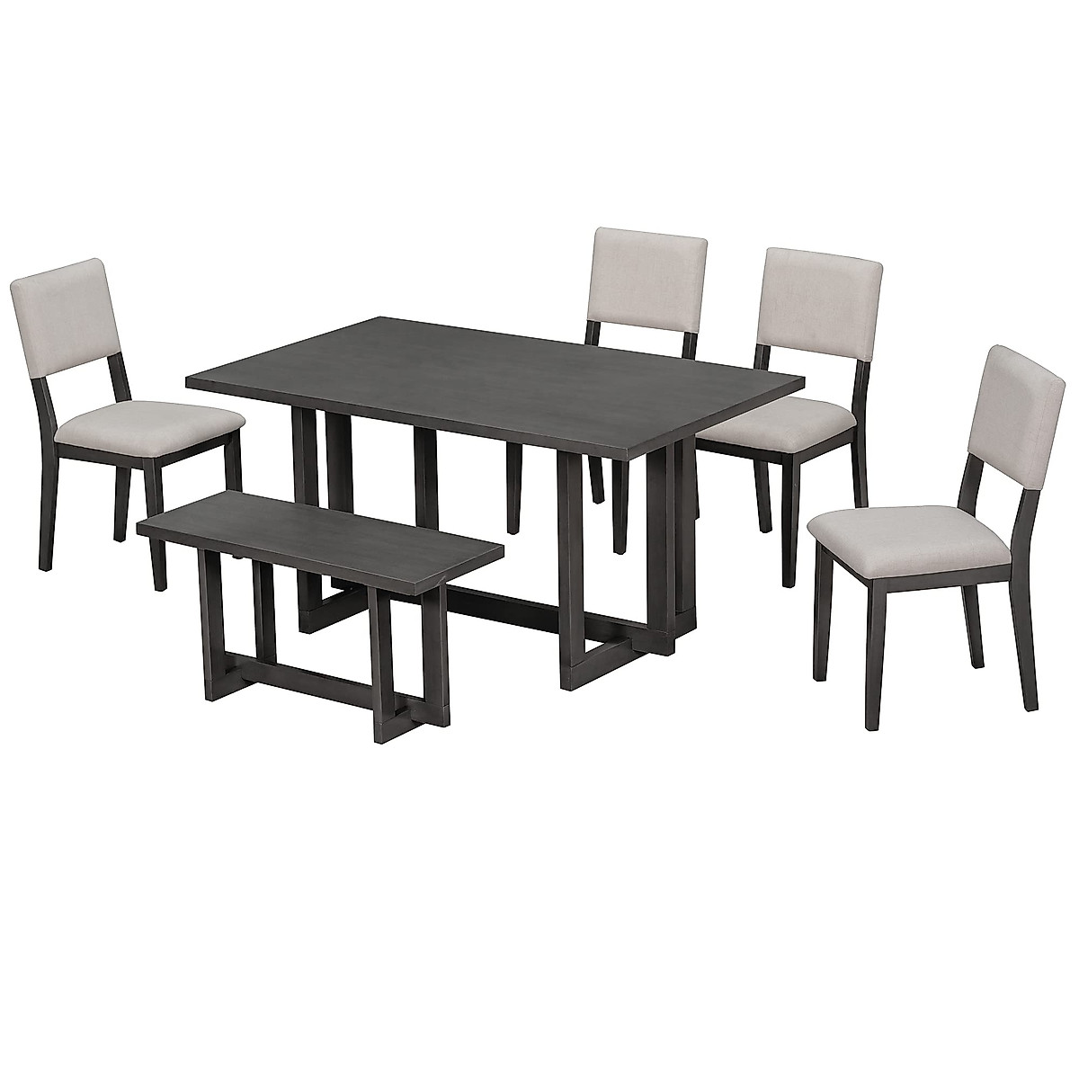 Bellemave 6-Piece Dining Table Set for 6 Kitchen Table Set with 4 Upholstered Chairs and Wooden Bench Rectangular Dining Room Set with H-Shaped Support Design for Kitchen, Dining Room (Grey)