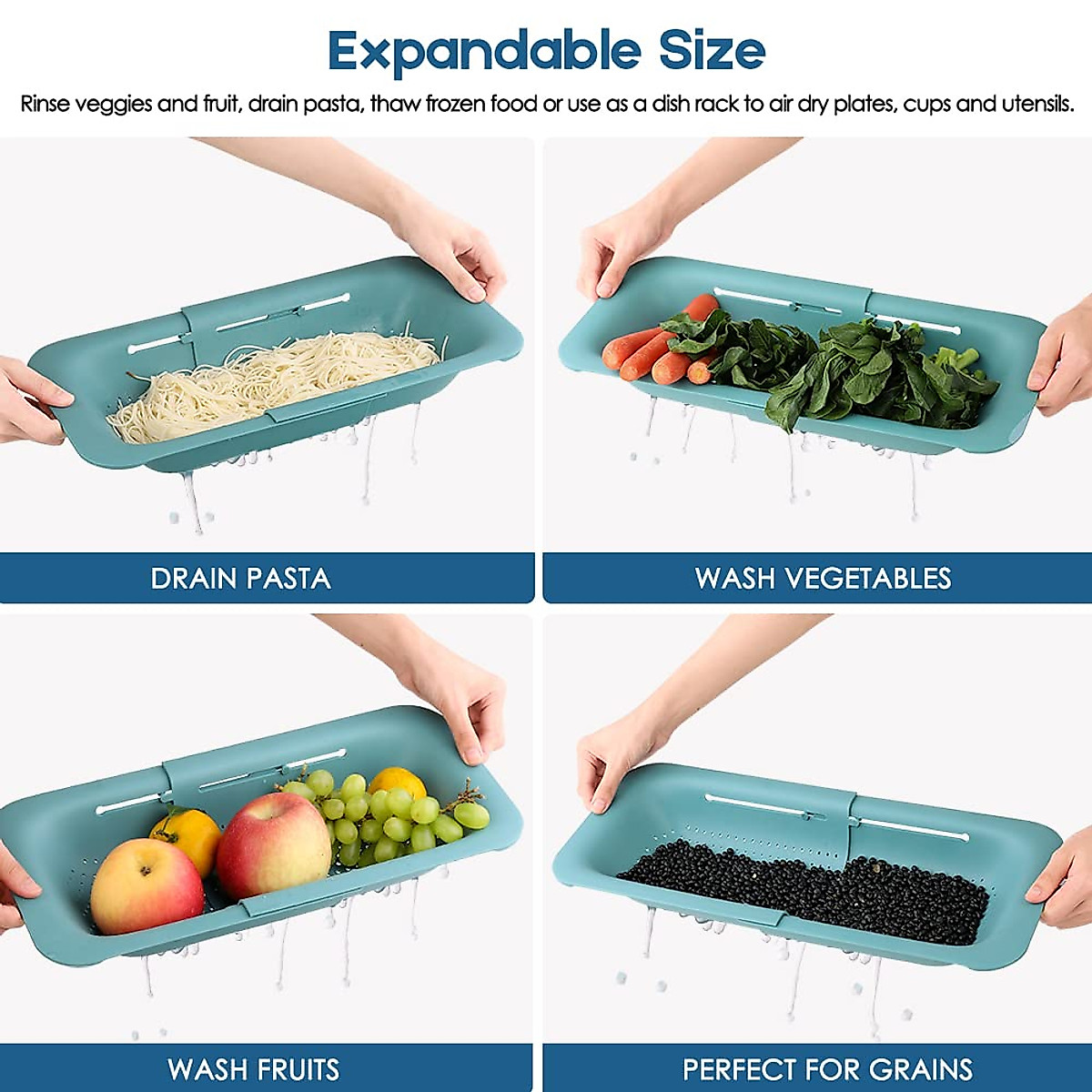 Collapsible Colander Kitchen Extendable Strainer Fruits Vegetables Noodle Pasta Food Drain Basket Space-Saver Portable Drainer Over Sink (1, 3#Grey)