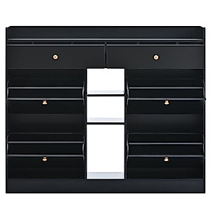 SSLine Boho 4-Door Shoe Cabinet with 2 Drawers Free-Standing Shoe Rack Modern Black Wood Shoe Storage Organizer w/Flip Down Storage Shelves for Entryway Hallway Small Space