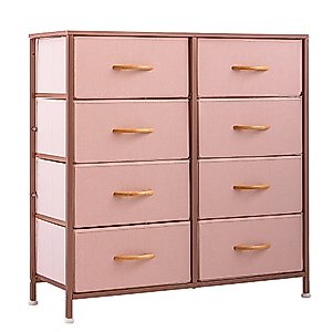 Prime Garden Dresser with 8 Drawers, Storage Tower with Wood Handle, Wood Top, Sturdy Steel Frame, Fabric Organizer Unit for Bedroom, Living Room, Hallway, Entryway, Closet, Rose Gold