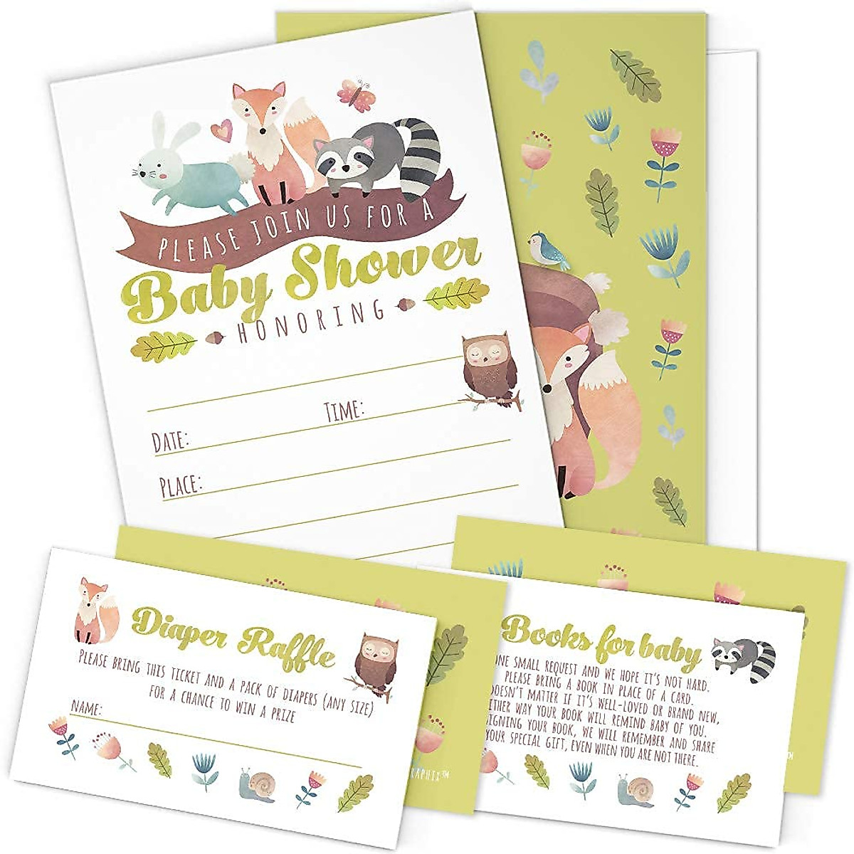 A Set of 25 Woodland Animals Baby Shower Invitations, Diaper Raffle Tickets and Baby Shower Book Request Cards with Envelopes. Gender Neutral Invites Perfect for Baby Boys and Baby Girls.