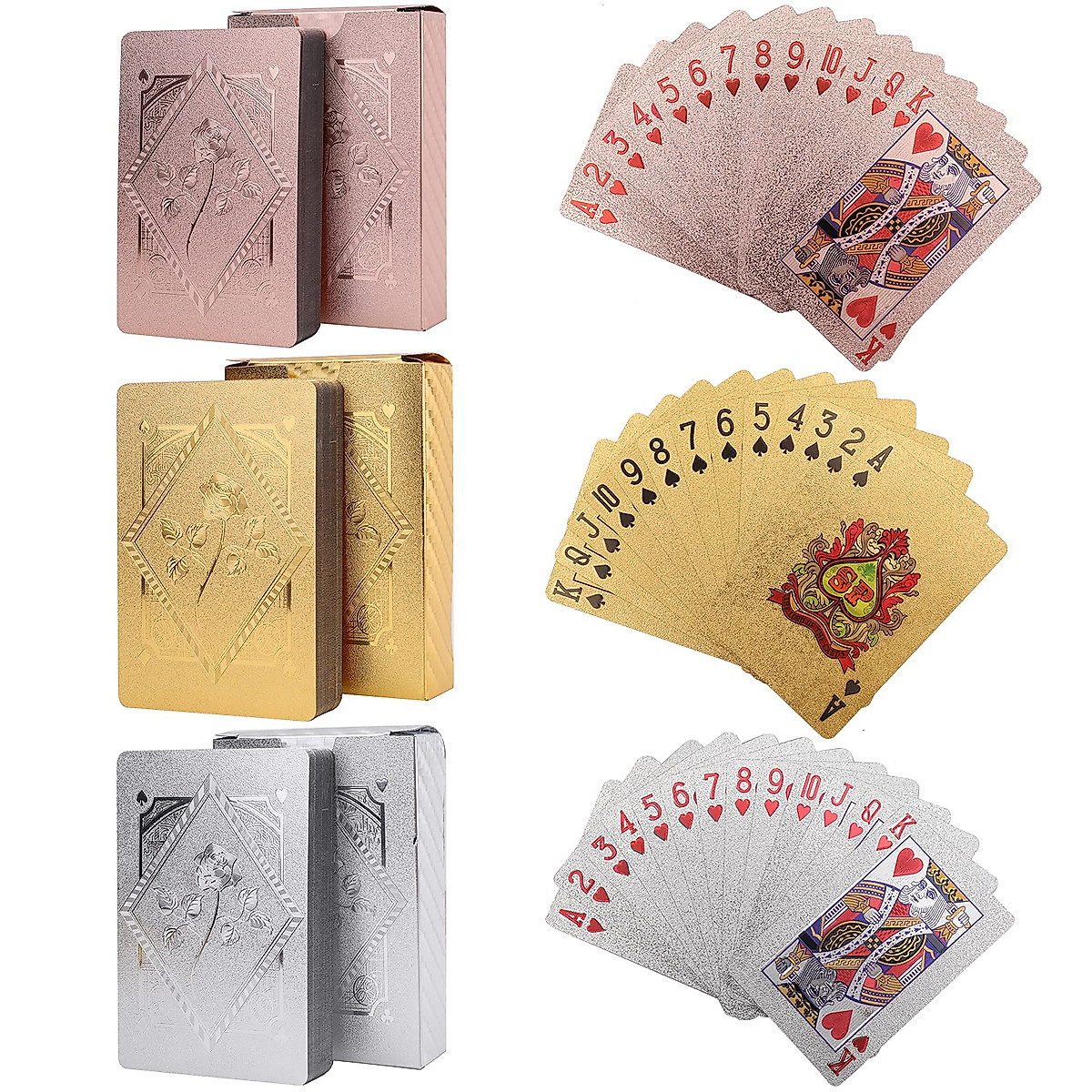 Jucoan 6 Decks of Playing Cards, Waterproof Plastic Poker Cards, Gold Foil Playing Cards for Party Game, Poker Size, Standard Index, (2 Gold, 2 Silver, 2 Pink)