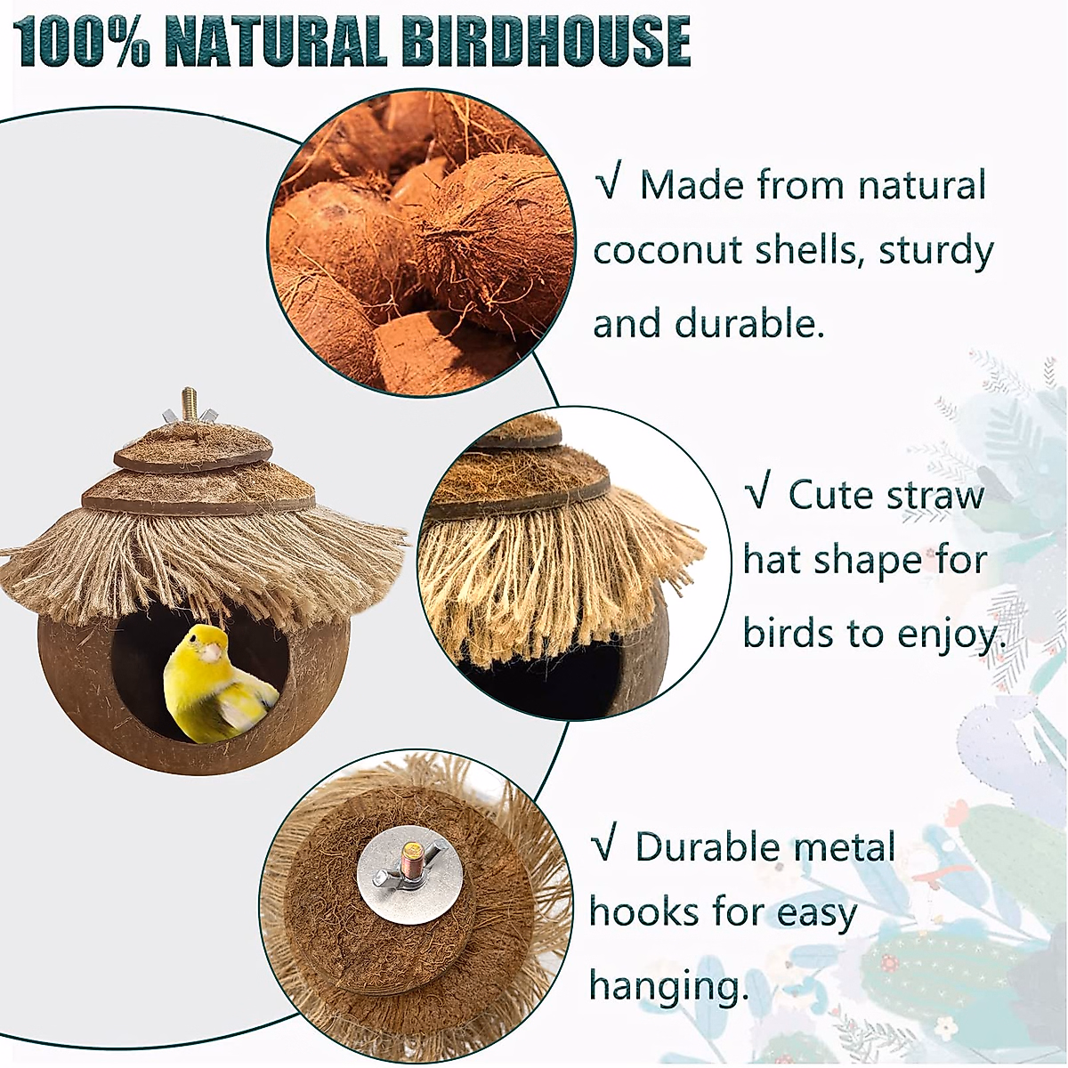 Tfwadmx Natural Coconut Fiber Hanging Birdhouse for Cage, Bird Shell Breeding Nest for Parrot, Parakeet, Lovebird, Finch, Canary, Small Animals House, Bird Hideout with Coconut Twine Decoration