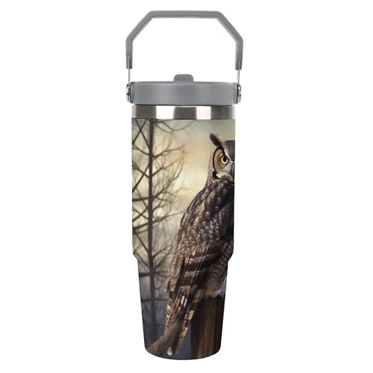 BWQJKUO Large Capacity Car Cup 30 Oz Stainless Steel Owl Sitting Tree Fence Printed Travel Mug Leak-proof Flip Straw Tumbler with Handle,keeps Cold Or Ho