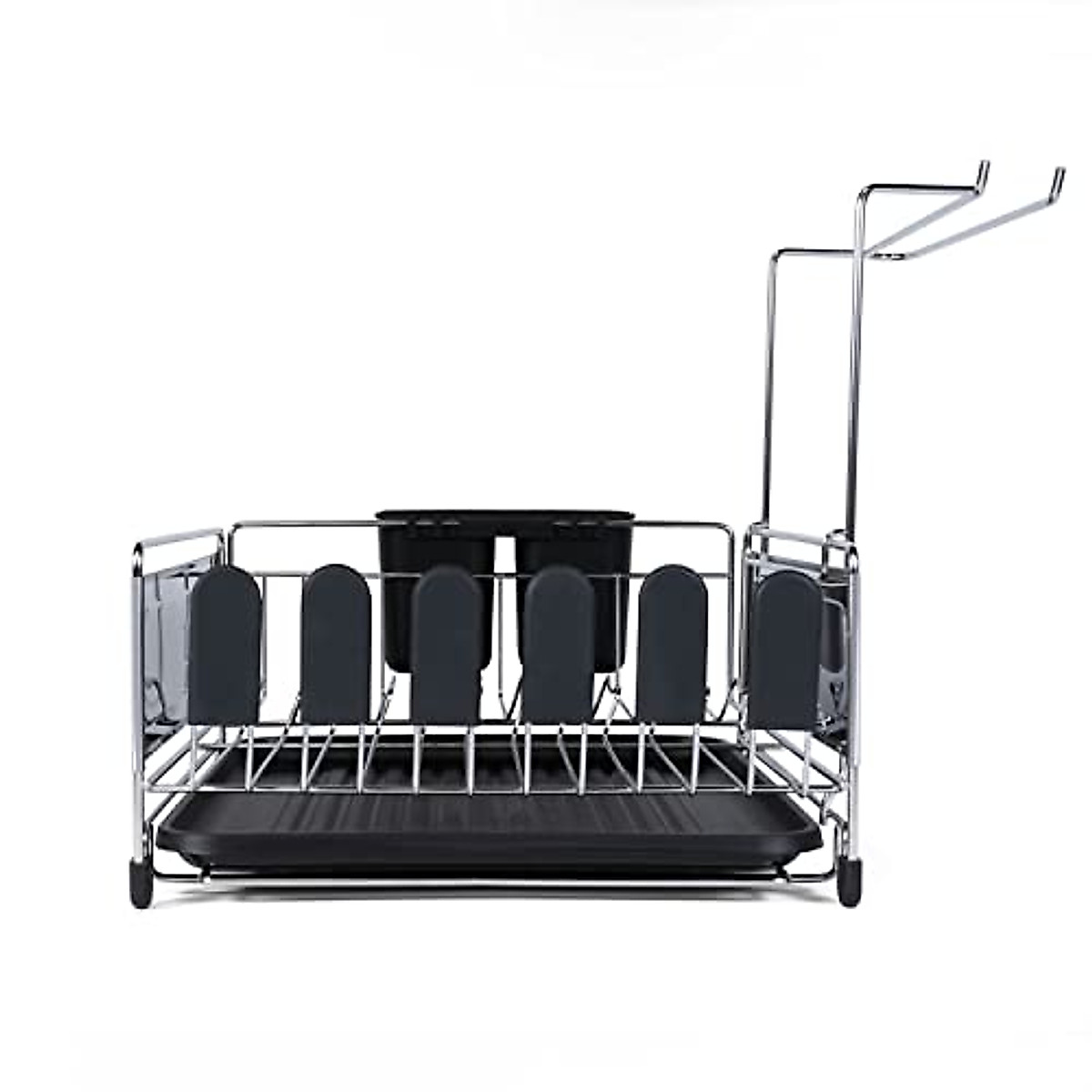 happimess DSH1000A Compact 17.25" Fingerprint-Proof Stainless Steel Dish Drying Rack, Dish Rack with Wine Glass Holder, Utensil Holder, Stainless Steel/Black, Silver/Black