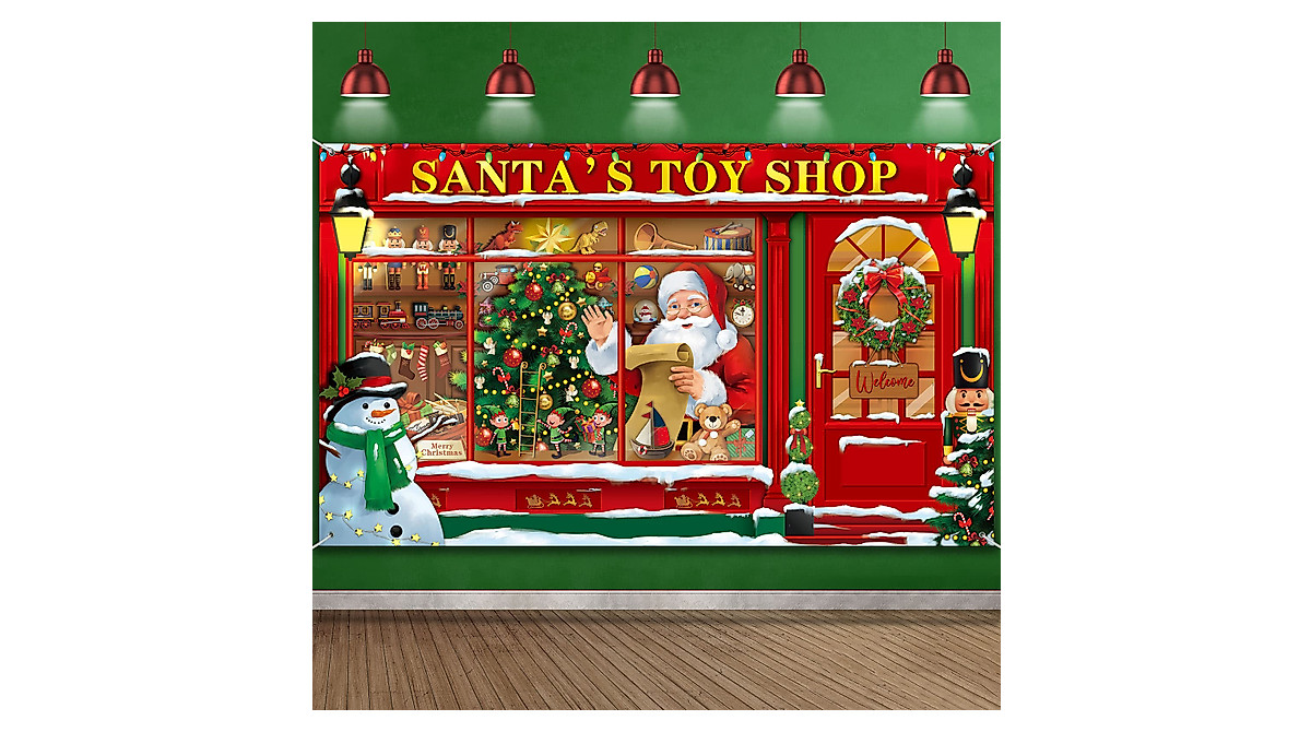 Christmas Backdrop Banner Santa's Toy Shop Holiday Photo Background