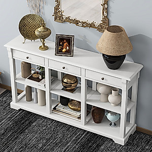 Merax Console Table/Sideboard with Ample Storage, Open Shelves and Drawers for Living Room, Antique White
