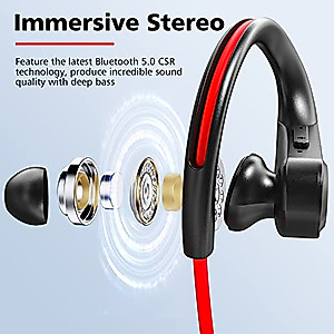 Bluetooth Earbuds Running Headphones, Wireless Workout Headphones Earbuds IPX7 Waterproof with Earhooks, Sport Stereo Sweatproof in-Ear Earphones, 16 Hour Playtime - BlackRed