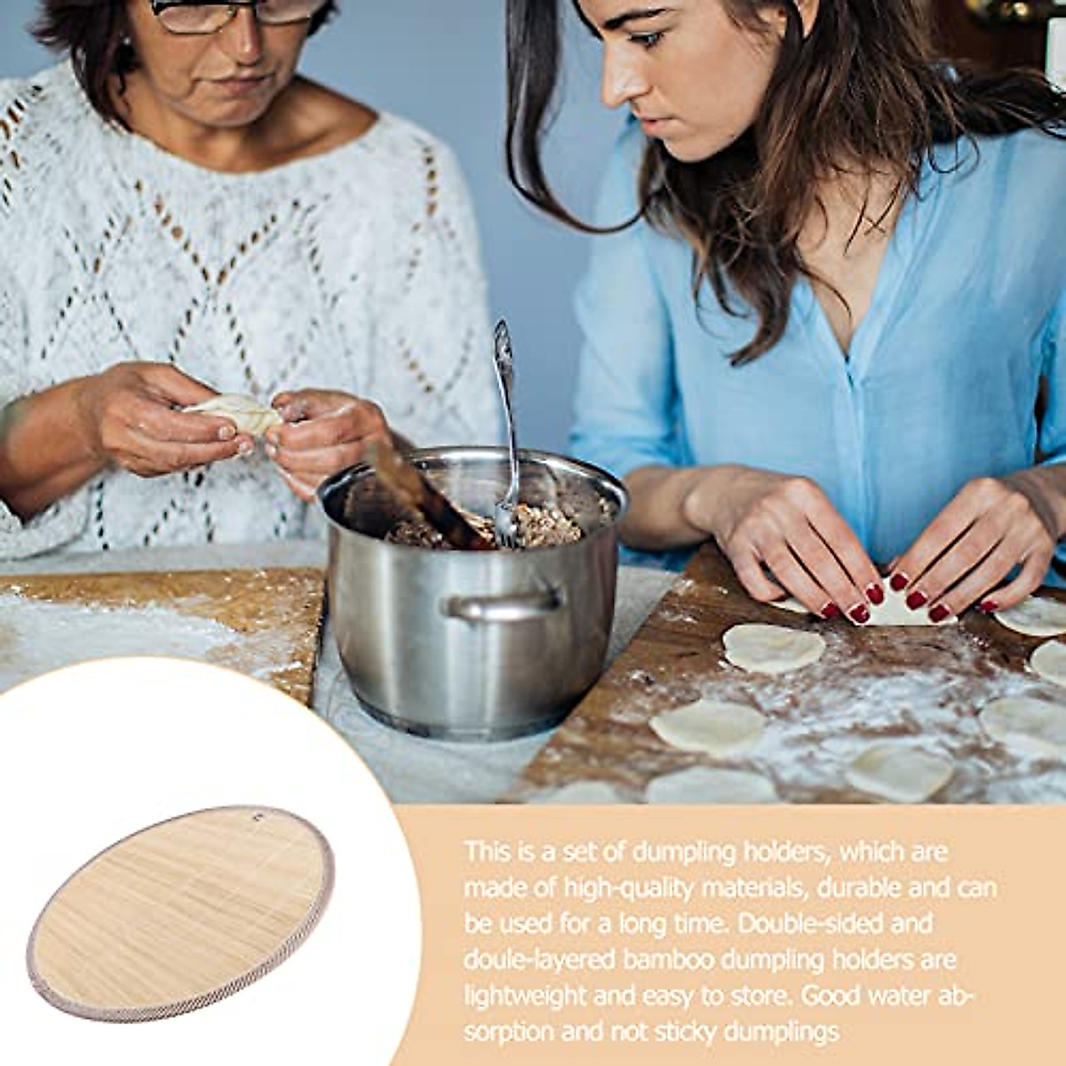 2Pcs Bamboo Dumpling mat Wood Serving Tray Round Dumpling Serving Platter Coffee Table Serving Tray Handmade Rattan Food Tray for Chinese Dumplings mat Kitchen Bamboo Steamer Liner (Khaki)