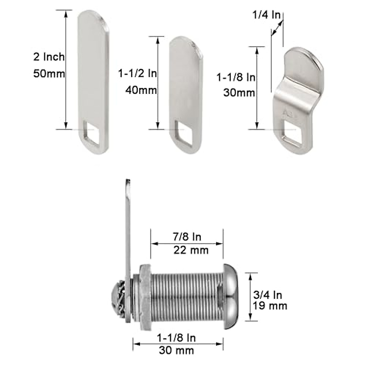 WOOCH Cabinet Cam Lock Secure Important Files and Drawers, 1-1/8" Cylinder, Fits on 7/8" Max Panel Thickness, Keyed Alike with 3 Cams 2 Keys, Chrome Finish, 4 Pack