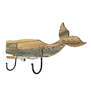 Rustic Wooden Nautical Hanging Whale Wall Hook, Distressed Storage Wall Rack Indoor Beach Themed Decorative Wall Hanger 16''L
