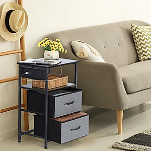 NANANARDOSO Nightstand with Charging Station, Small Bedside Table with 2 Fabric Drawers and Storage Shelf, Rustic End Table for Small Space Bedroom Living Room, Black