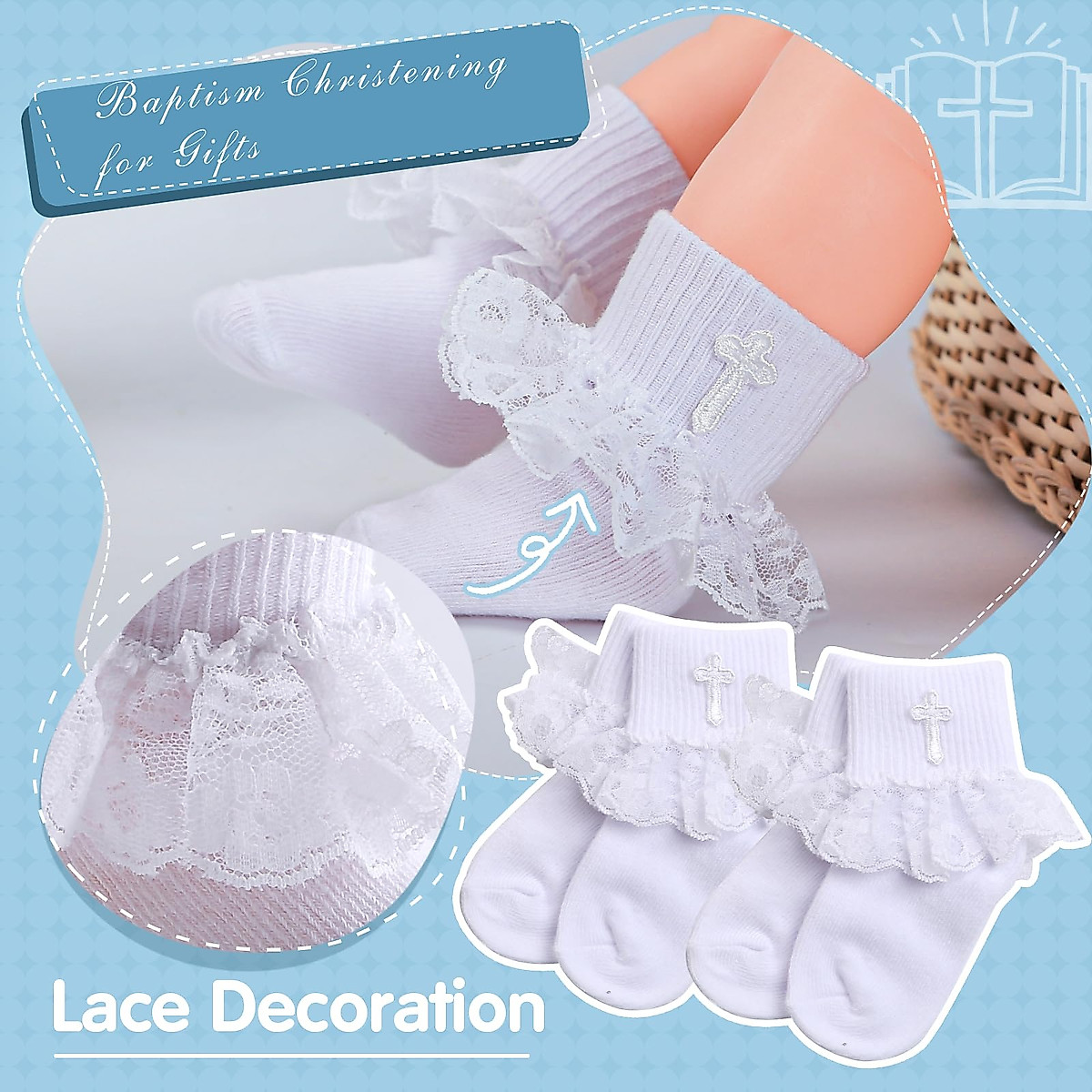 Booulfi Baby Girls Socks, 2 Pairs Cotton White Newborn Baptism Christening Socks with Lace Dedication First Communion Gifts for Toddler Infant