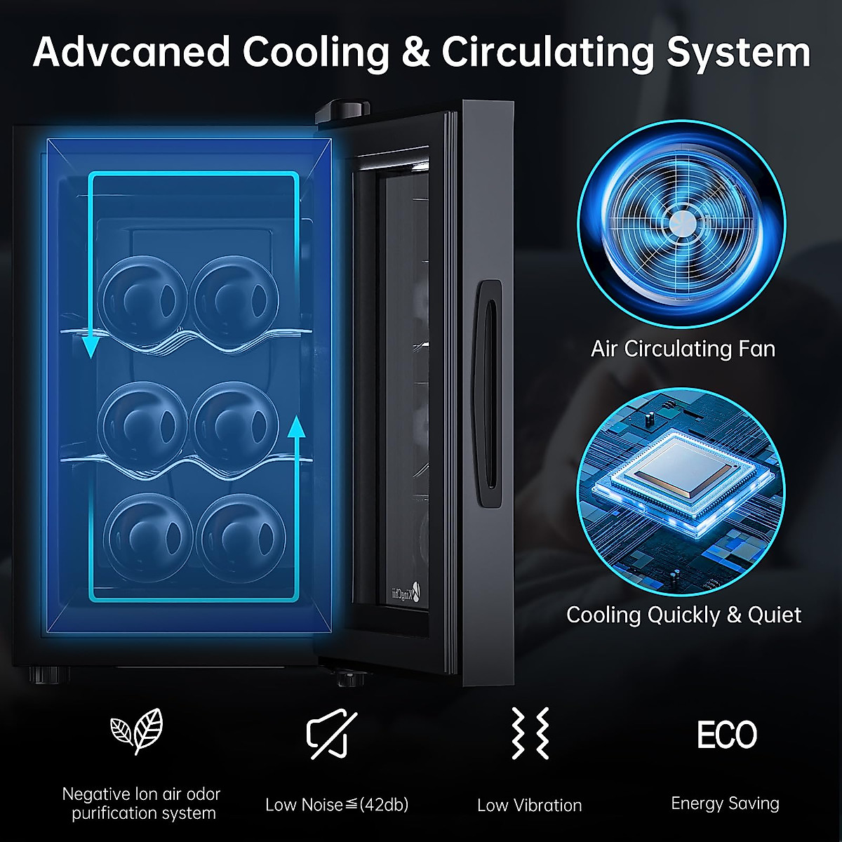KingChii 6 Bottle Thermoelectric Wine Cooler Refrigerator Advanced Cooling Technology, Stainless Steel & Tempered Glass For Red Wine, Champagne for Home, Kitchen, or Office
