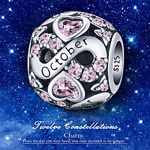 PICKBEAU 925 Sterling Silver Birthstone Charm Beads Fit for Bracelet and Necklaces, Birthday Gifts for Women