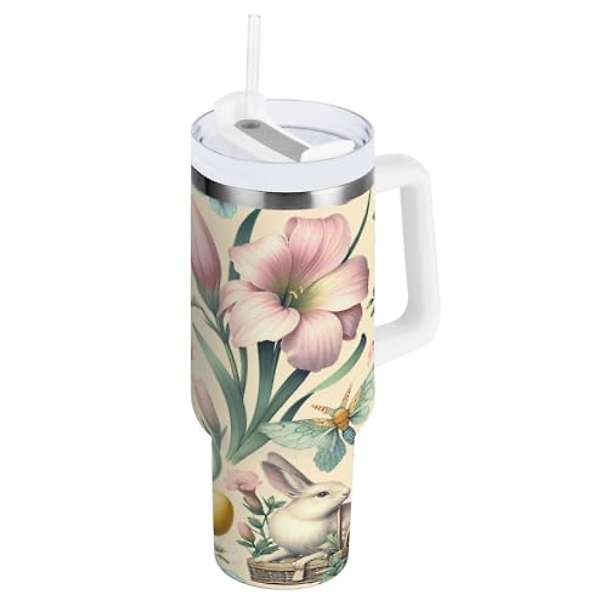 Jihqo Easter Day Floral and Eggs 40 oz Stainless Steel Vacuum Insulated Tumbler with Handle and Straw Lid, Leakproof Water Bottle Double Wall Travel Mug Coffee Cup, Cupholder Friendly