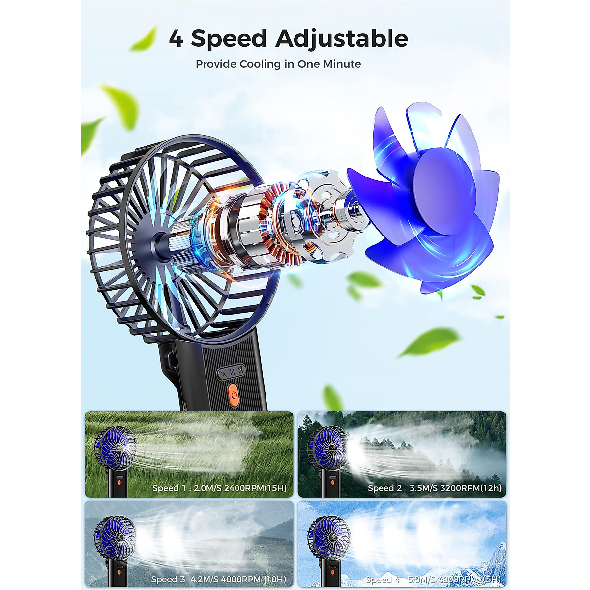 JZCreater Mini Handheld Fan,Portable Hand Held Fan, 15H Cooling Fan, Quiet 4 Speed, USB Rechargeable Battery Operated Desk Fan, Small Folding Electric Fan for Travel Outdoor Home Office Makeup, BLACK