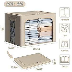 FHSQX Storage Bins, Large Capacity Clothes Bag Organizer with Window & Carry Handles, Foldable Stackable Container Set, Closet Organization for Comforters (2-PACK) (Beige, Big 19.7 x 16 x 13.7)