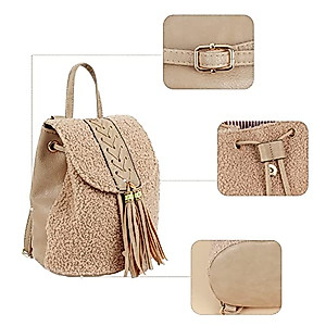 Hoce Women Girls Mini Lamb Wool Backpack PU Leather Drawstring Backpack Solid Color Casual Travel Mini Daypack with Tassel