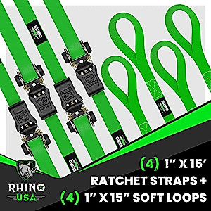 Rhino USA Ratchet Tie Down Straps (4PK) - includes (4) Premium 1" x 15' Rachet Tie Downs with Padded Handles. Best for Moving, Securing Cargo, Kayaks, Mountain & E-Bike Tie Downs (Black 4-Pack)