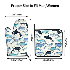 Cute Whale Oven Mitts and Pot Holders Sets of 2, Non-Slip Cooking Hot Pads Washable Heat Resistant for Kitchen Microwave BBQ Baking Grilling