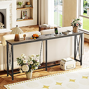 SUPERJARE 70 Inch Console Table with Outlet, Extra Long Sofa Table with Charging Station, Couch Table Behind Sofa, Foyer Tables for Entryway, Living Room - Gray