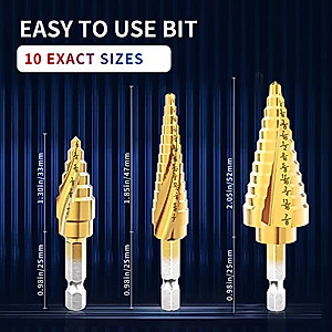 SILATU Step Drill Bit Set - 3 Pieces Titanium HSS Coated Step Drill Bit, 31 Sizes 1/4 Inch Hexagon Shank Step Drill Bit for Wood, Metal, Plastic, Multiple Hole (1/8”-1/2”, 3/16”-7/8”, 3/16”-1/2”)