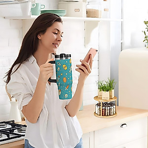 Selerdon 40 oz Tumbler Cartoon Space Blue with Handle and Straw Lid Vacuum Stainless Steel Insulated Water Bottle Travel Mug Car Cup Holder Friendly BPA Free for Gym Travel Office