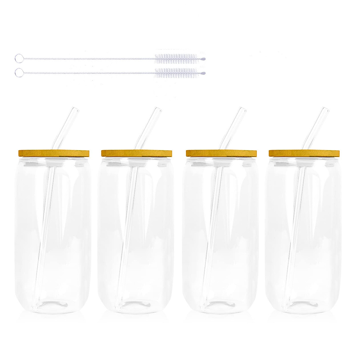 Sohapy Drinking Glasses 4pcs Set, Can Shaped Cups with Bamboo Lids and Glass Straw, 16oz Beer Glasses, Tumbler Cup, Wine Whiskey Cups Iced Coffee Glasses, Ideal for Cocktail, Gift - 2 Cleaning (4)